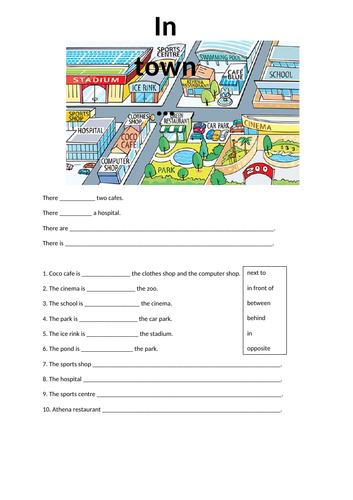Prepositions Places In A Town YL Worksheet | Teaching Resources