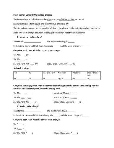 O-UE stem change verbs guided practice | Teaching Resources