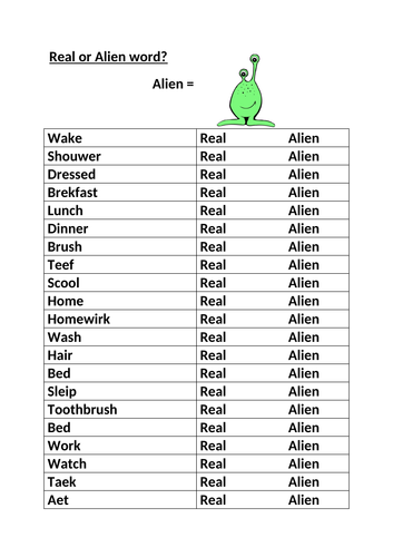 Real or Alien Words Daily Routine YL Worksheet | Teaching Resources