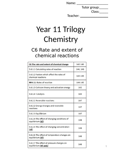 AQA Trilogy C6 Rate and extent of chemical change | Teaching Resources