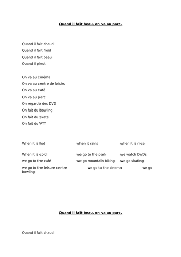 Studio 2 vert Quand il fait beau, on va au parc. | Teaching Resources