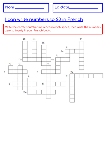 French numbers to 20 crossword | Teaching Resources