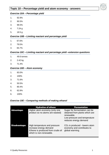 Percentage yield and atom economy OCR AS Chemistry | Teaching Resources