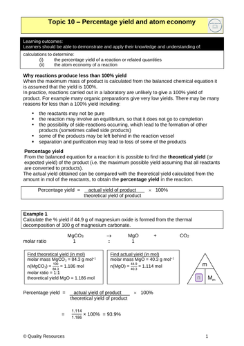 Percentage yield and atom economy OCR AS Chemistry | Teaching Resources