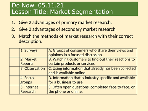 Edexcel GCSE Business 1.2.3 Market Segmentation Lesson | Teaching Resources