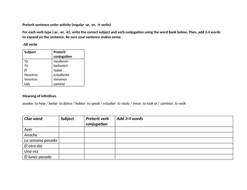 Preterit regular verbs sentence order activity | Teaching Resources
