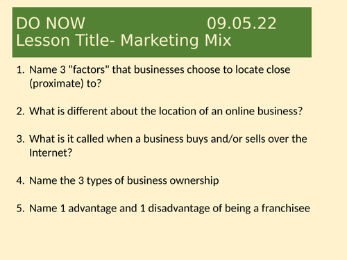 Edexcel GCSE Business Theme 1.4.3 Marketing Mix | Teaching Resources