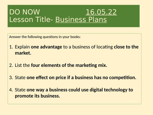 Edexcel GCSE Business Theme 1.4.4 Business Plans | Teaching Resources