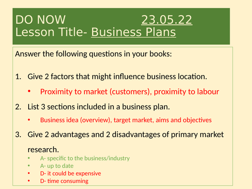 Edexcel GCSE Business Theme 1.4.4 Business Plans | Teaching Resources