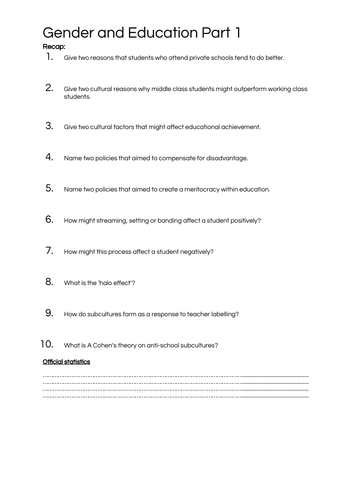 Gender & Education Lesson 1 - Sociology A-Level | Teaching Resources