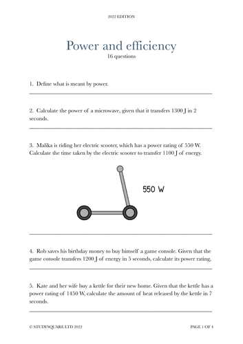 Power And Efficiency For Aqa Gcse Physics Slides Worksheet Mark