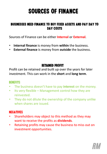 Sources of Finance | Teaching Resources