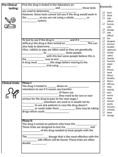 Drug trials gap fill LA AQA GCSE | Teaching Resources