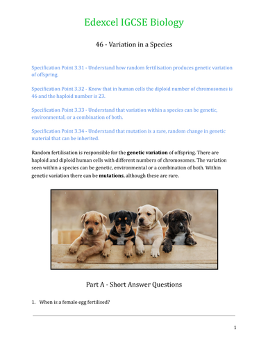 Edexcel Igcse Biology Lesson 46 Variation In A Species Teaching Resources