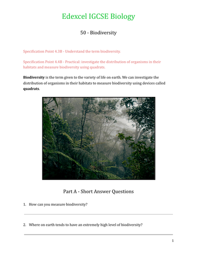 Edexcel IGCSE Biology Worksheet 50 - Biodiversity | Teaching Resources Edexcel IGCSE Biology Worksheet 50 - Biodiversity | Teaching Resources