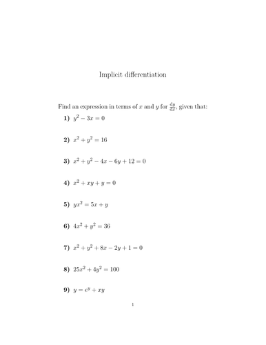 Implicit differentiation worksheet no 2 (with detailed solutions) | Teaching Resources