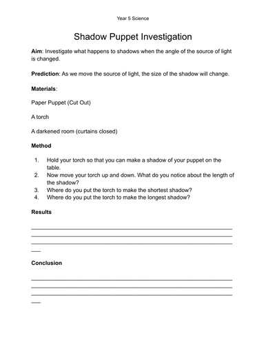 Shadow Puppet Investigation - Year 5 Science | Teaching Resources