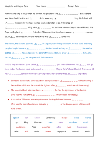 Magna Carta DIFFERENTIATED cloze | Teaching Resources