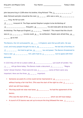 Magna Carta DIFFERENTIATED cloze | Teaching Resources