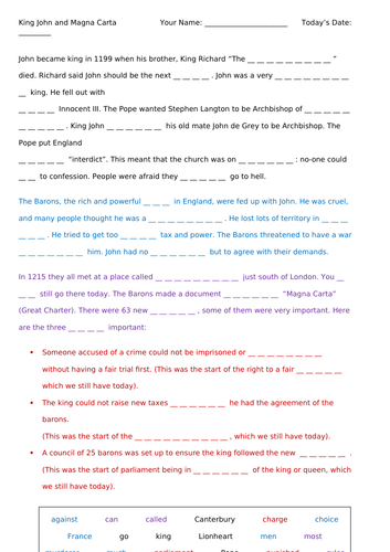 Magna Carta DIFFERENTIATED cloze | Teaching Resources