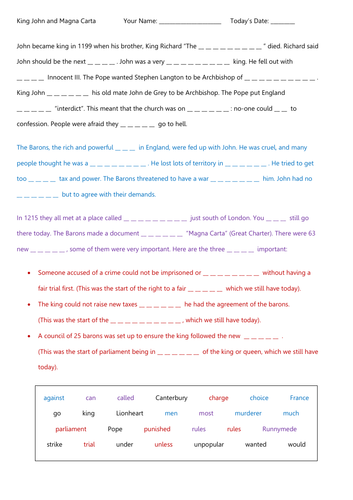 Magna Carta DIFFERENTIATED cloze | Teaching Resources