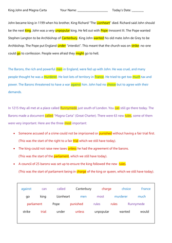 Magna Carta DIFFERENTIATED cloze | Teaching Resources