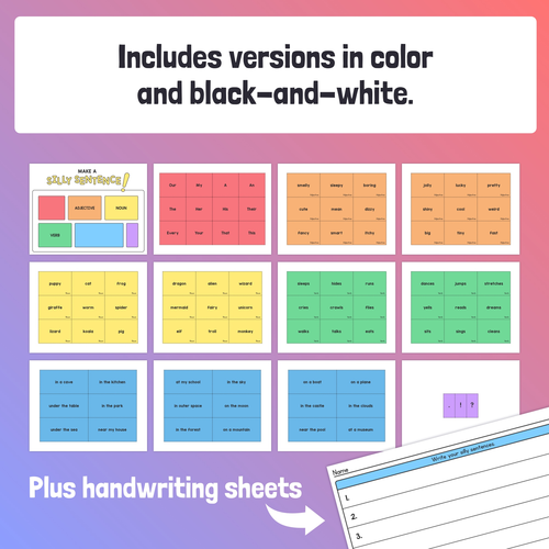 Silly Sentence Cards | Forming Complete Sentences with Nouns, Verbs ...