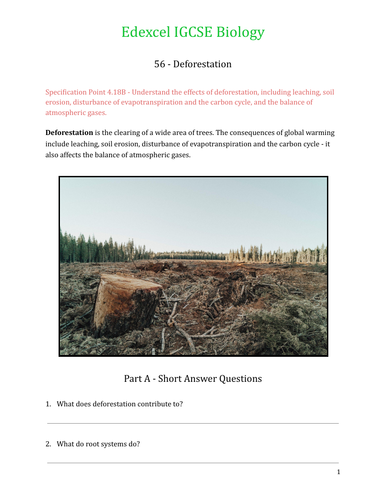 Edexcel IGCSE Biology Worksheet 56 - Deforestation | Teaching Resources Edexcel IGCSE Biology Worksheet 56 - Deforestation | Teaching Resources