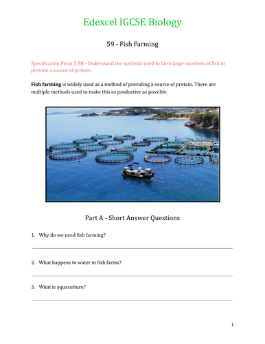 Edexcel IGCSE Biology Worksheet 59 - Fish Farming | Teaching Resources