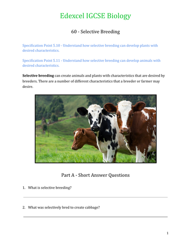 Edexcel IGCSE Biology Worksheet 60 - Selective Breeding | Teaching ...