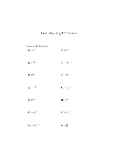 Evaluating negative indices worksheet (with solutions) | Teaching Resources