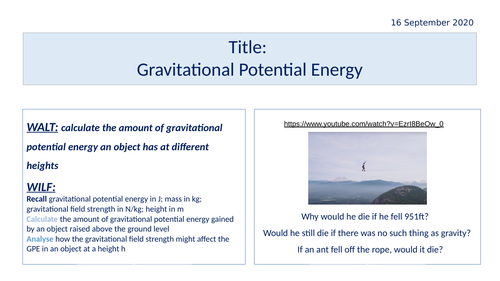 Gravitational Potential Energy Equation (F) | Teaching Resources