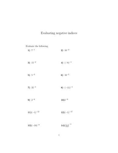 Evaluating negative indices (harder) worksheet (with solutions ...