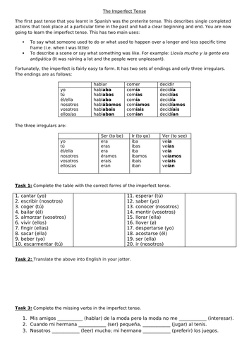 Imperfect Tense Worksheet | Teaching Resources