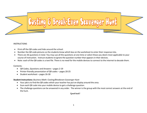 Costing and Breakeven Scavenger Hunt | Teaching Resources