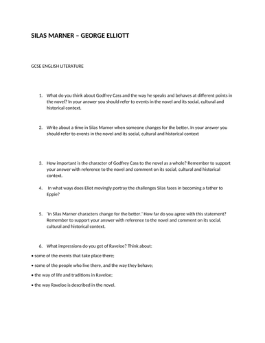 George Eliot Silas Mariner Exam Questions for A LEVEL ENGLISH ...