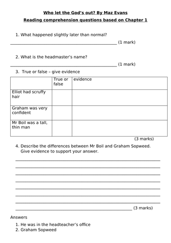 Who Let the God's Out? by Maz Evans Reading Comprehension questions ...