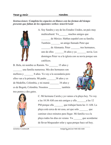 Tener y Venir Practice Spanish Worksheet / Reading | Teaching Resources