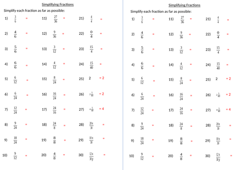 Simplifying Fractions - Minimally Different Questions | Teaching Resources