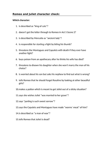 Romeo and Juliet character quiz | Teaching Resources