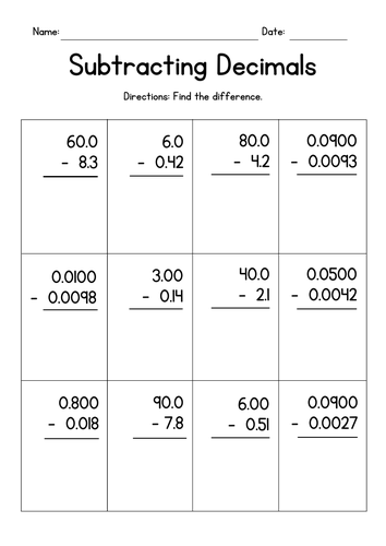 Subtracting Decimals in Columns | Teaching Resources