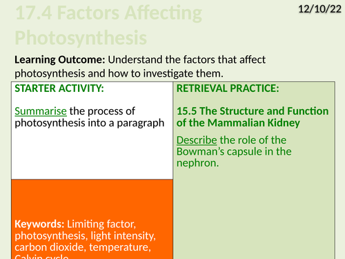 OCR Biology A- 17.4 Factors Affecting Photosynthesis | Teaching Resources