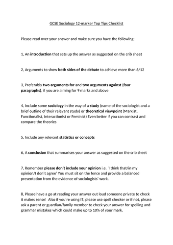 AQA GCSE Sociology 12 Mark Question Vital Advice and Tips | Teaching ...