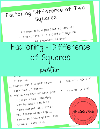 Factoring Difference of Squares Poster | Teaching Resources