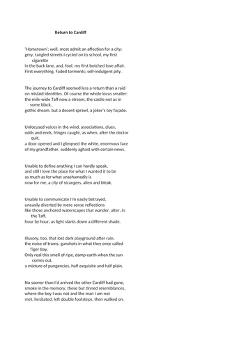 Return to Cardiff by Dannie Abse WJEC Welsh Poetry NEA | Teaching Resources