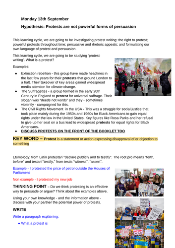 Protest Persuasive Writing Scheme of Work | Teaching Resources
