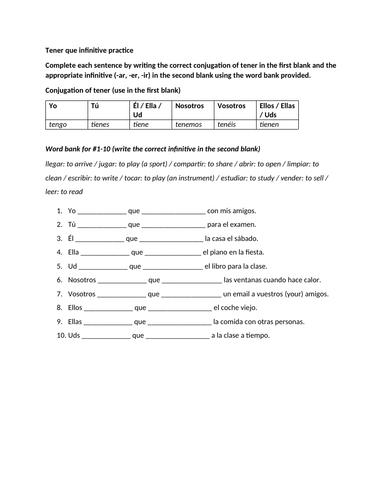 Tener que infinitive fill in practice | Teaching Resources