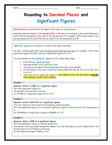Rounding to DECIMAL PLACES and SIGNIFICANT FIGURES | Teaching Resources