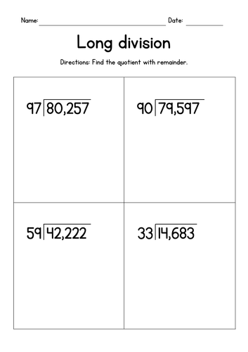 Long Division Worksheets - 5-Digit by 2-Digit Numbers | Teaching Resources