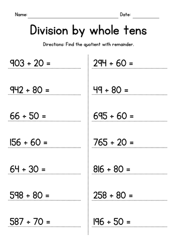 Division by Whole Tens (with remainder) | Teaching Resources